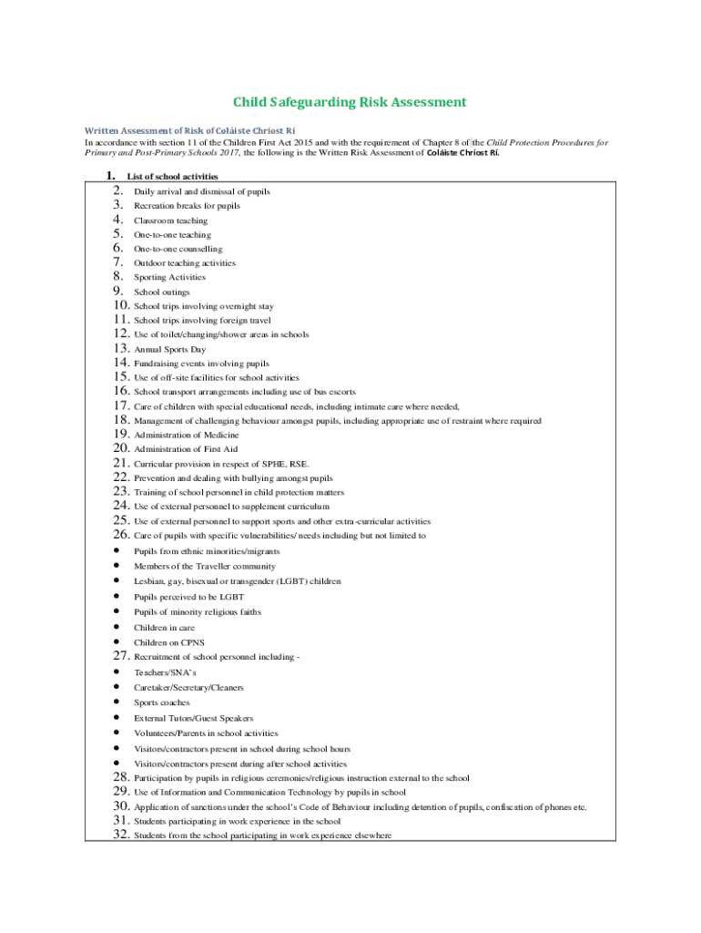 Fillable Online Child Safeguarding Risk AssessmentSt Columba's NS Fax ...