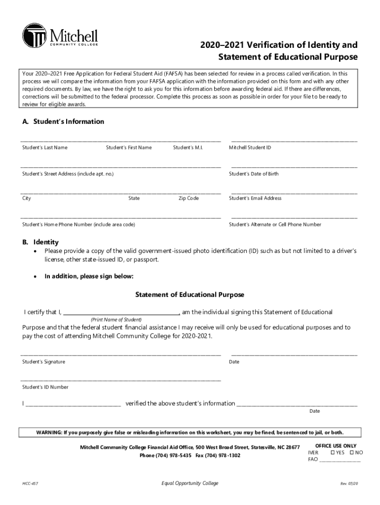 Fillable Online 2020-2021 Verification of Identity and Statement of Educational Purpose Fax ...