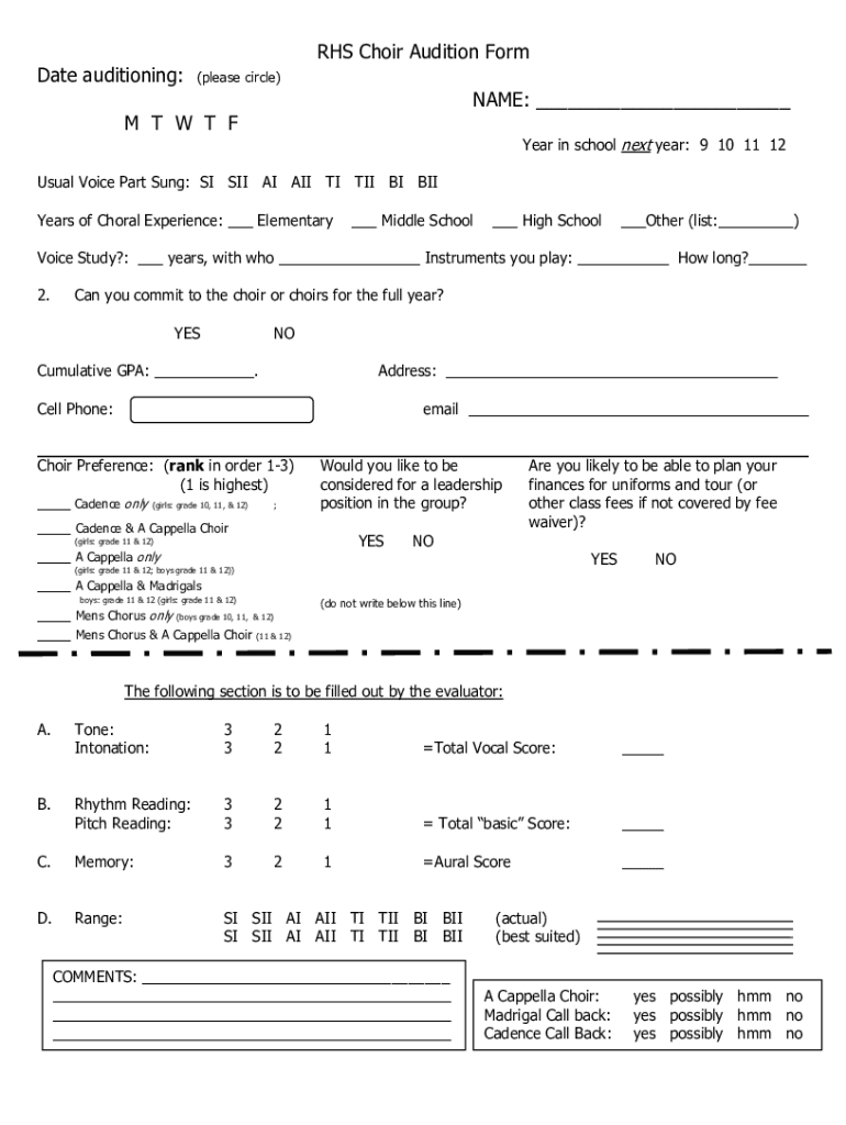 Fillable Online choral AUDITION INFORMATION SHEET Fax Email Print ...