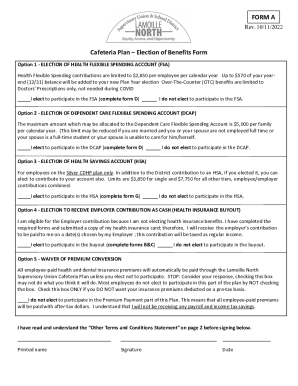 Fillable Online Cafeteria Plan Election of Benefits Form Fax Email ...