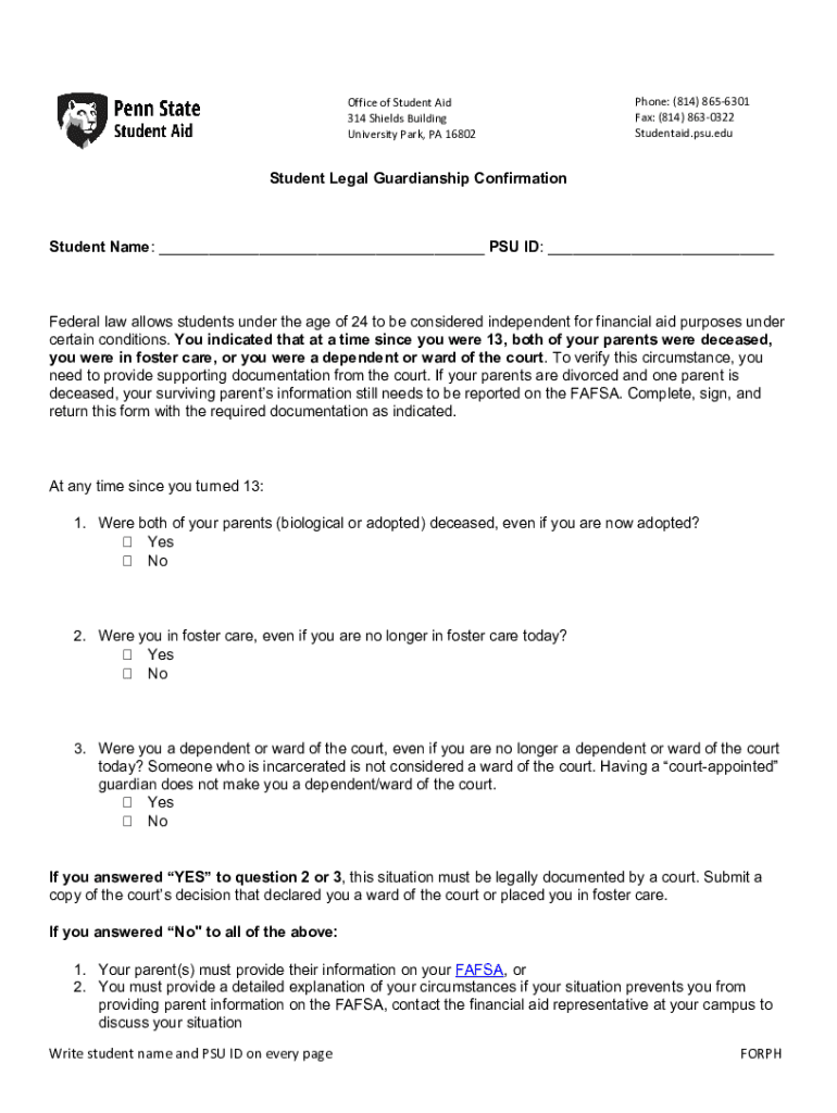 Fillable Online studentaid psu Student Foster Care/Orphan/Ward of the ...