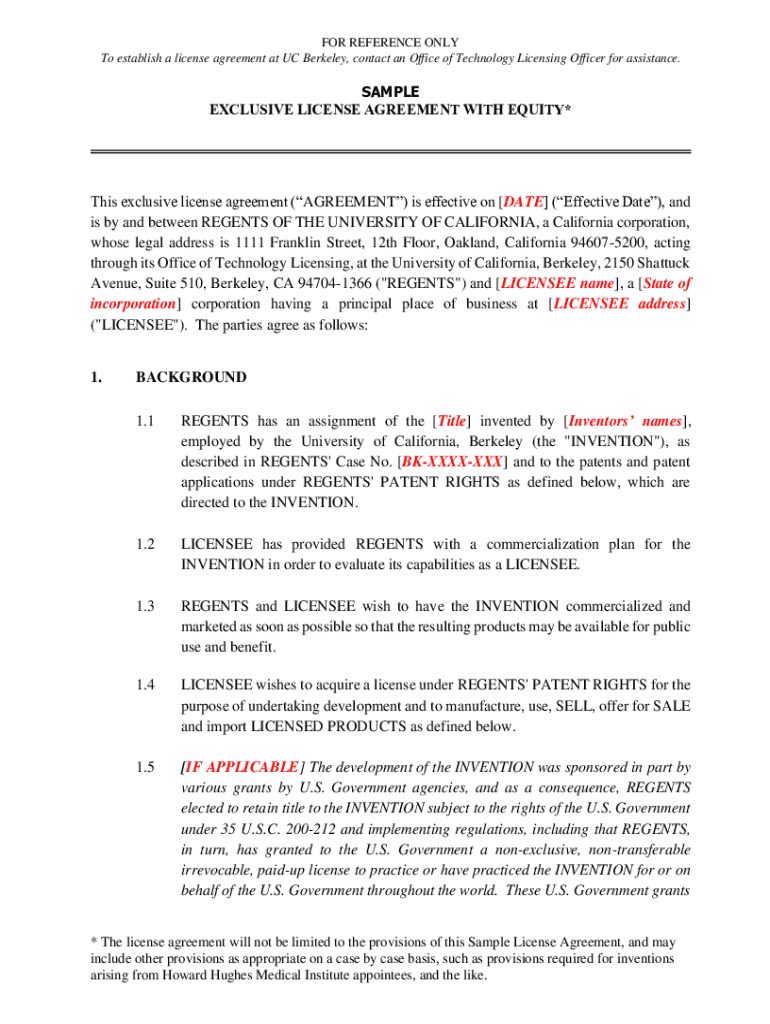 Fillable Online ipira berkeley SAMPLE EXCLUSIVE LICENSE AGREEMENT WITH ...