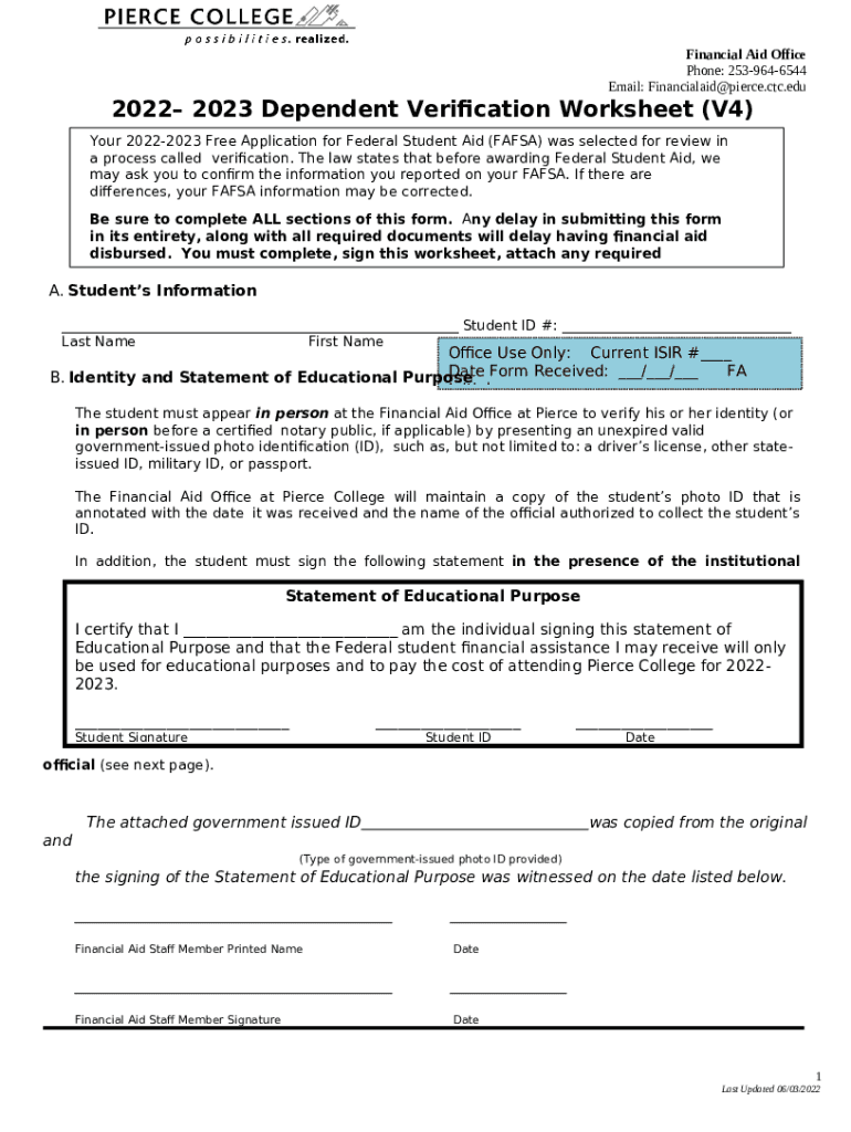 2023 Dependent Verification Worksheet (V4) - Pierce College Doc Template | pdfFiller