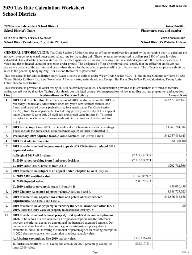 Fillable Online 2018 Tax Rate Calculation Worksheet School Districts - Collin County Fax Email ...