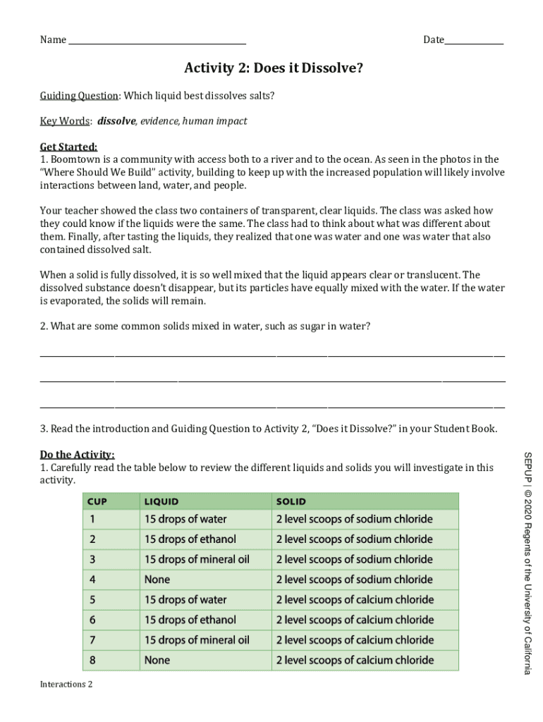 Fillable Online Inquiry Question Which solids can dissolve in which ...