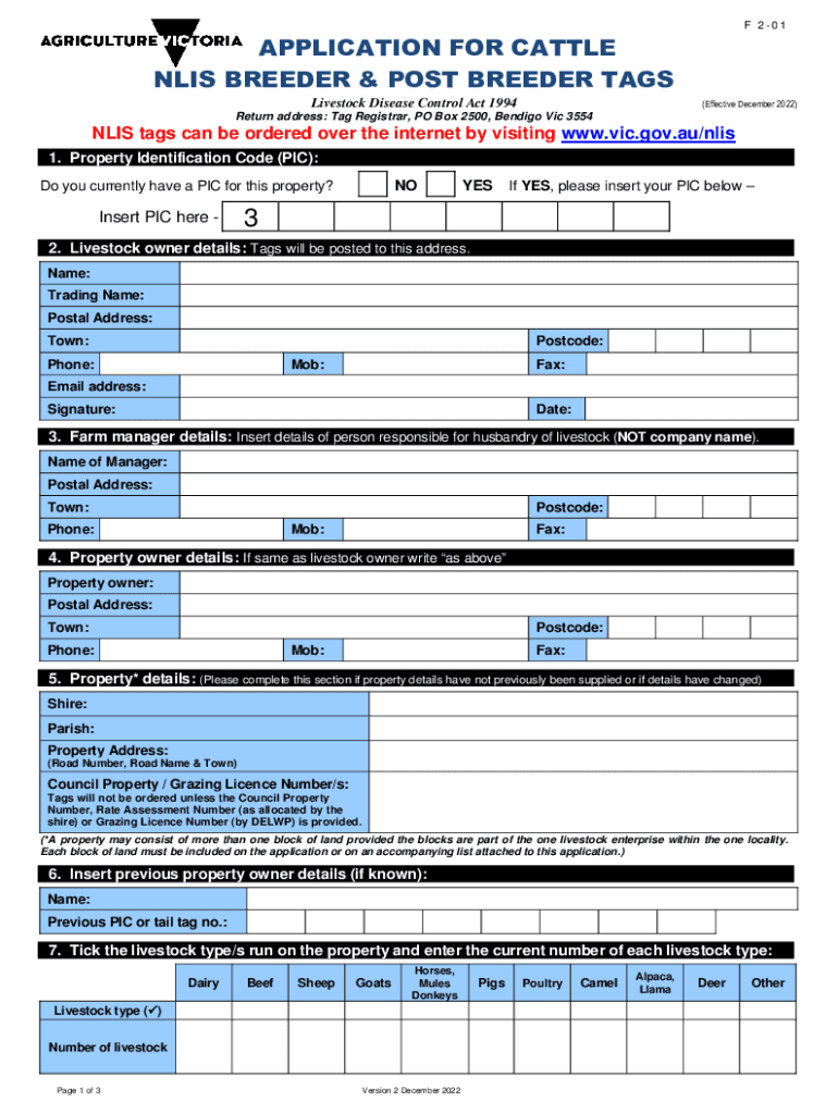 Fillable Online APPLICATION FOR CATTLE NLIS BREEDER AND POST BREEDER ...