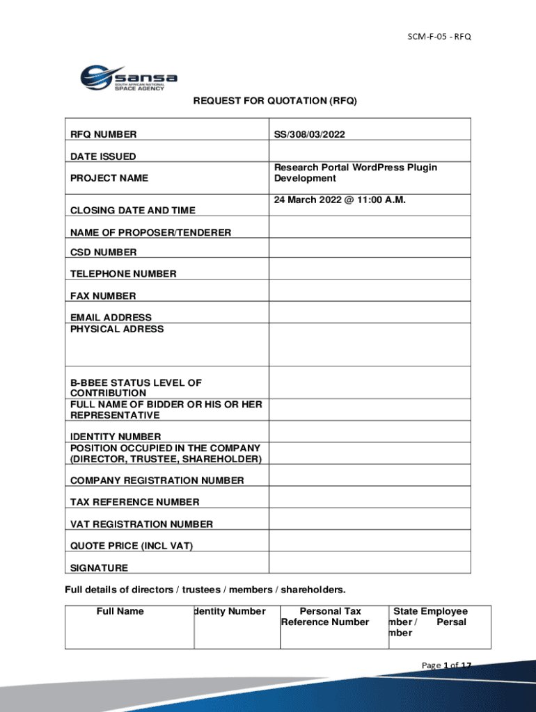 Fillable Online SCM-F-05 - RFQ Page 1 of 17 REQUEST FOR QUOTATION (RFQ) Fax Email Print - pdfFiller