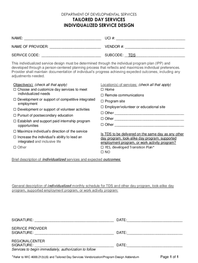 Fillable Online Enclosure B - Tailored Day Services Individualized Service Design Fax Email ...