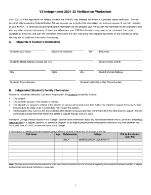 Fillable Online 2021-2022 Verification Worksheet INDEPENDENT Student ...