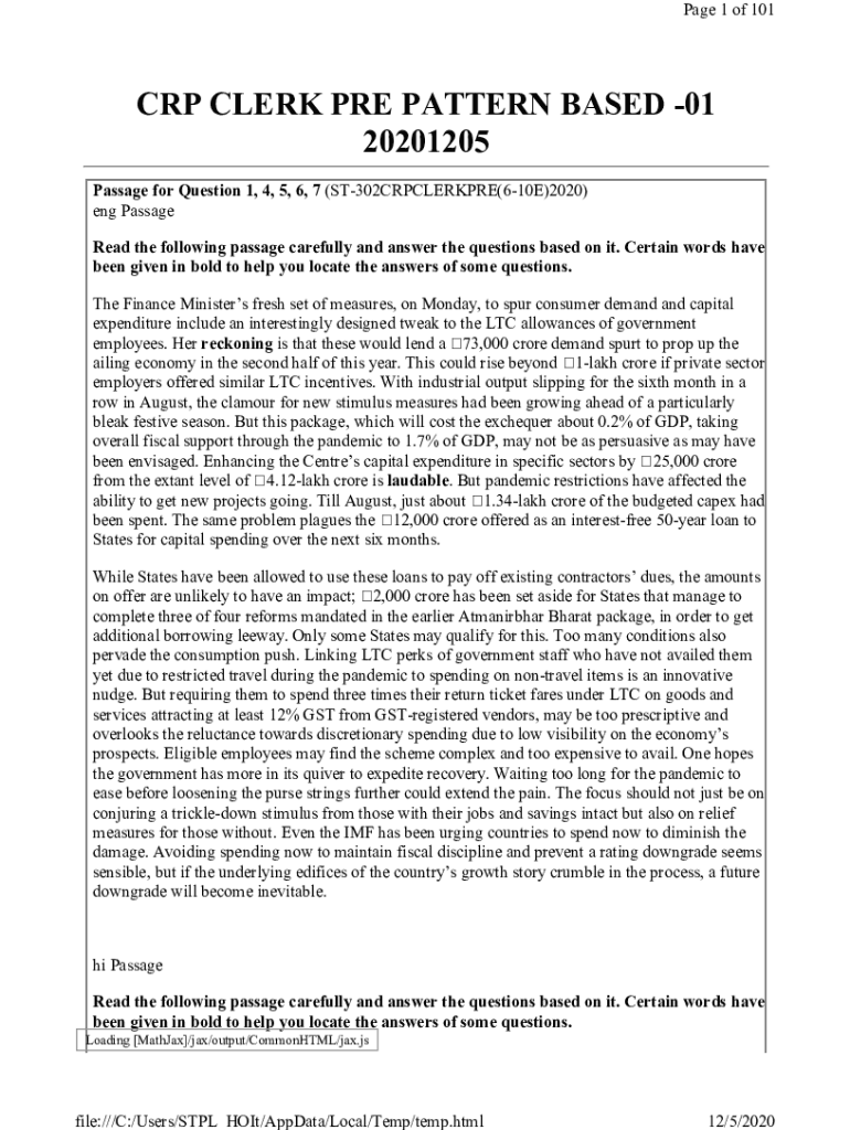 Fillable Online Reading Comprehension Passages for SBI Clerk Pre & IBPS ... Fax Email Print ...