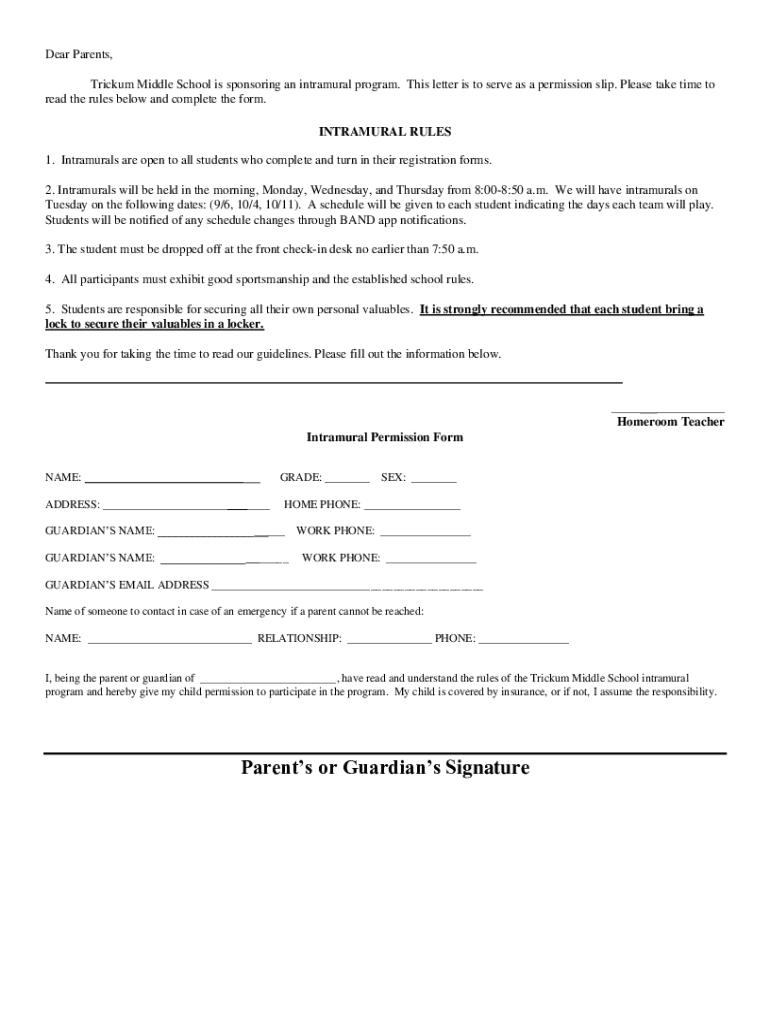 Fillable Online Sample Intramural Parent/Guardian Letter Fax Email ...