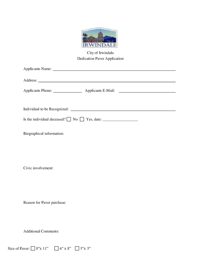 Fillable Online City of Irwindale Dedication Paver Application ...