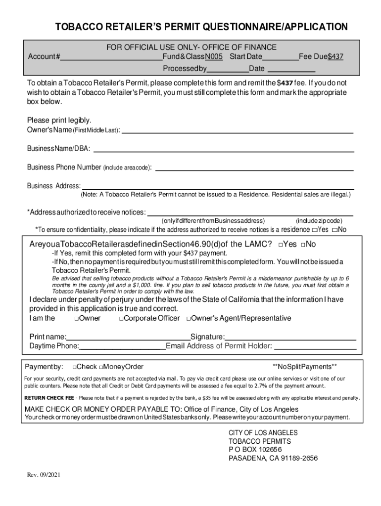 Fillable Online finance lacity los angeles county - tobacco retail license application form Fax ...