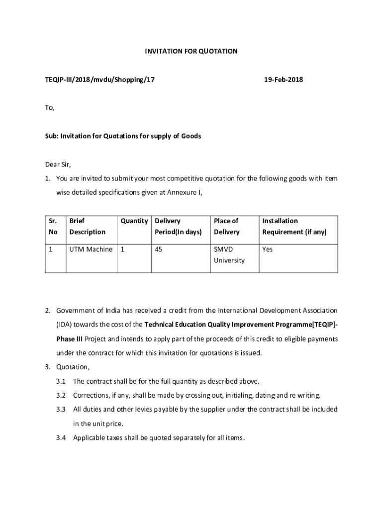 Fillable Online INVITATION FOR QUOTATION TEQIP - Studylib Fax Email ...