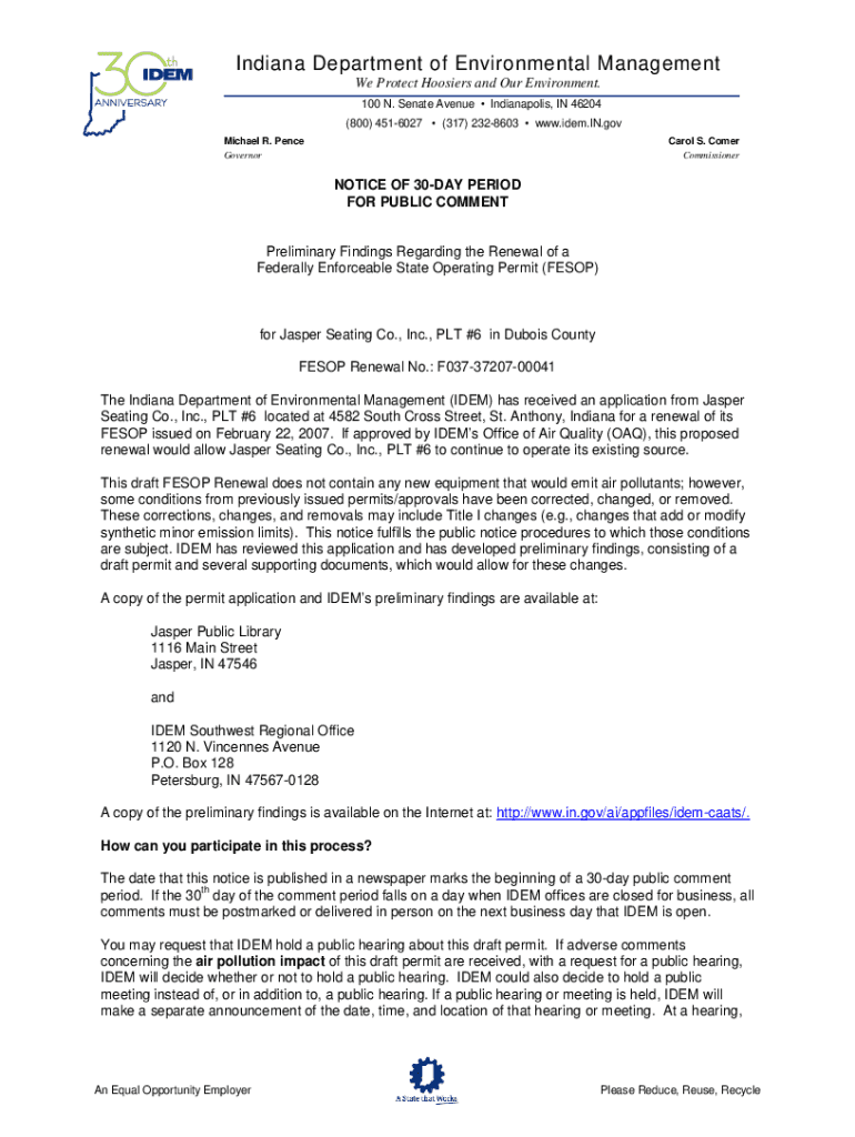 Fillable Online permits air idem in State of Indiana IDEM Calendar - IN ...