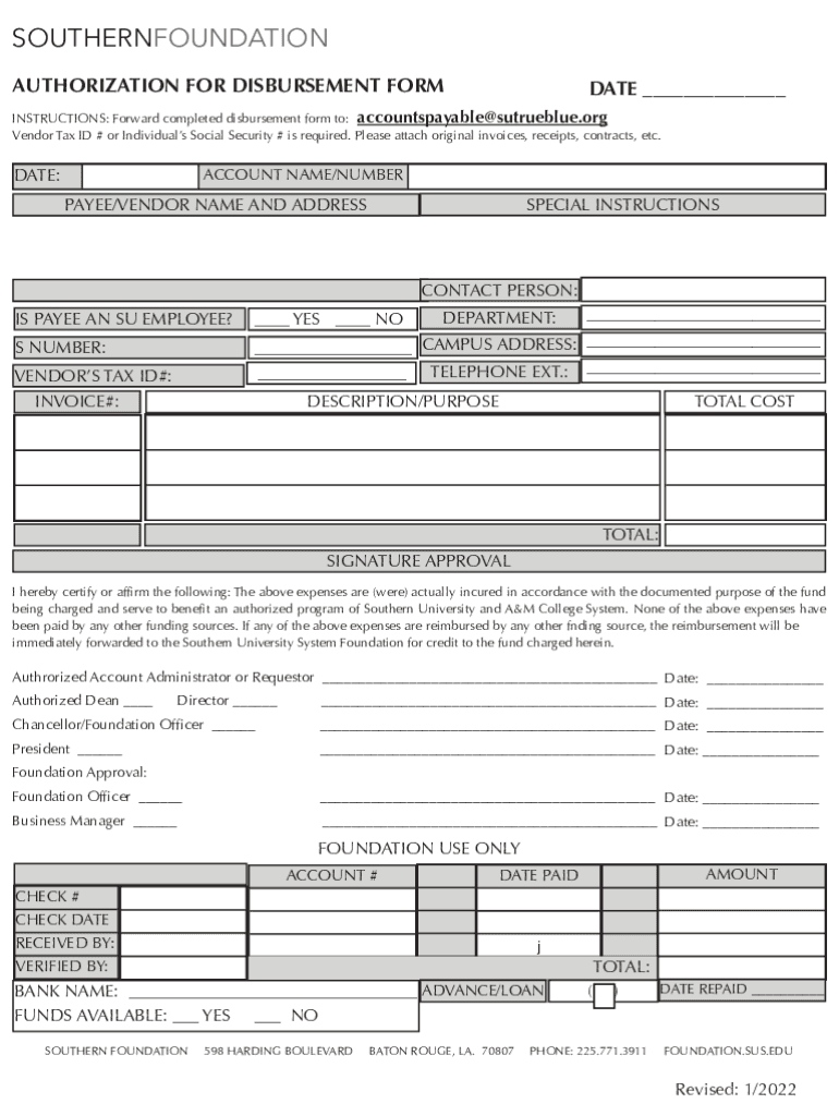 Fillable Online foundation sus Disbursement form sample: Fill out ...