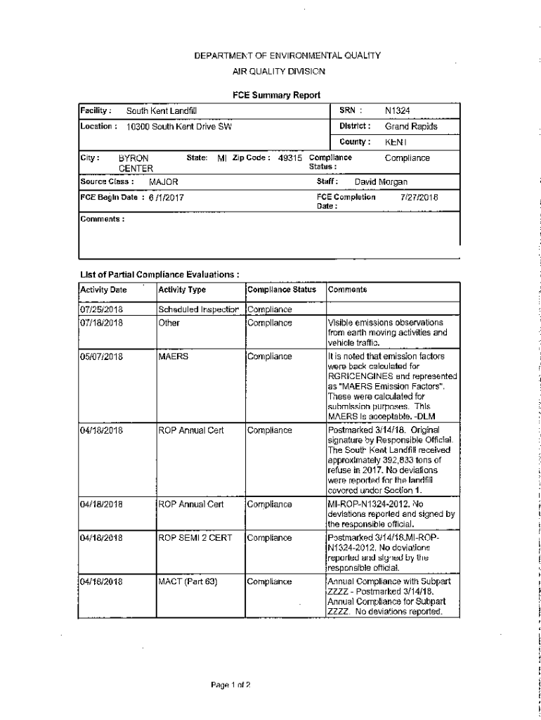 Fillable Online FCE Summary Report Facility: South Kent Landfill SRN : N1324 Fax Email Print ...