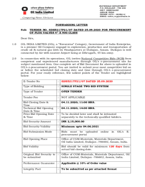 Fillable Online FORWARDING LETTER Sub: TENDER NO ... - Oil India Limited Fax Email Print - pdfFiller