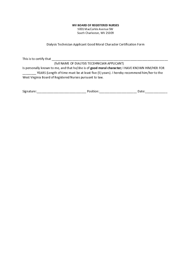 Fillable Online Dialysis Technician Applicant Good Moral Character ...