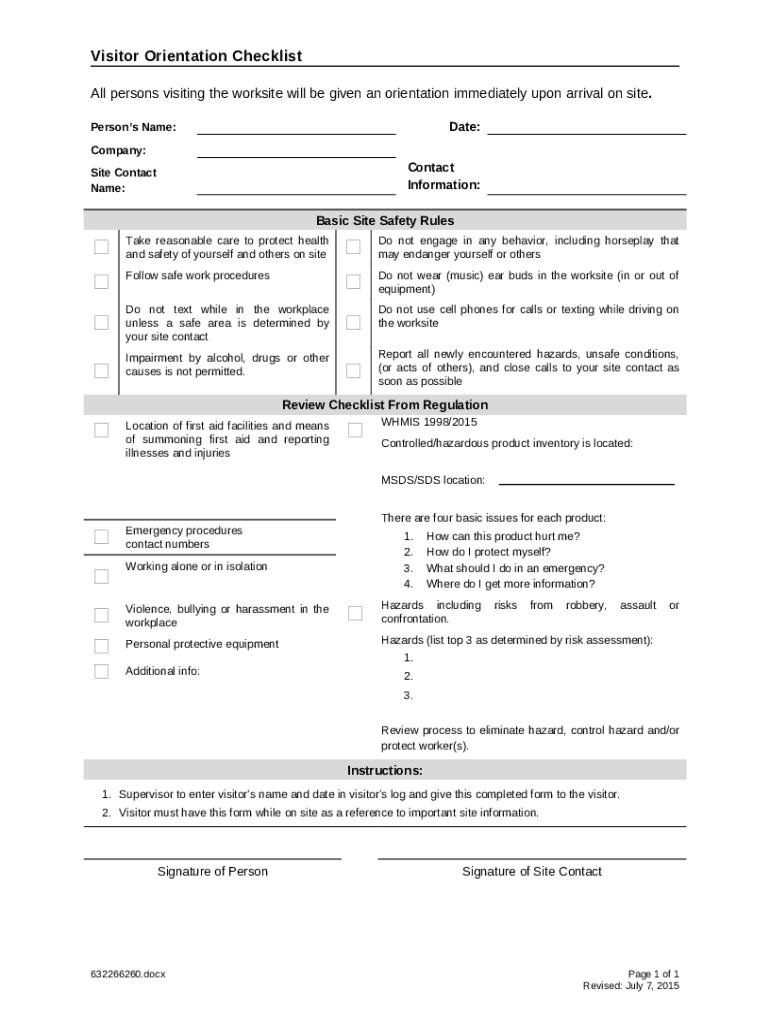 Visitor Orientation - BC Forest Safety Council Doc Template | pdfFiller