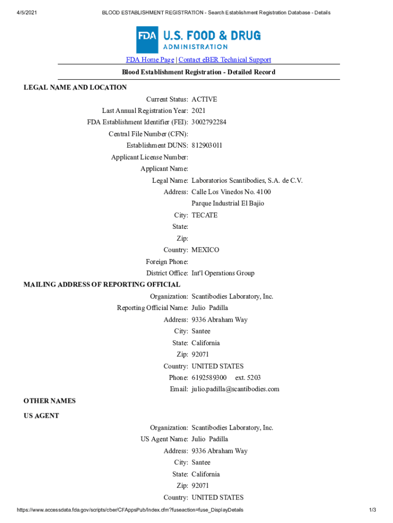Fillable Online Blood Establishment Registration - Detailed Record Fax ...