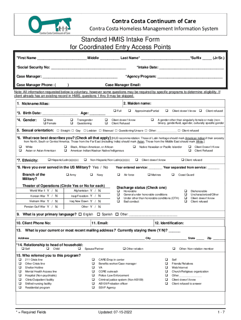Fillable Online Standard HMIS Intake Form for Coordinated Entry Access ...