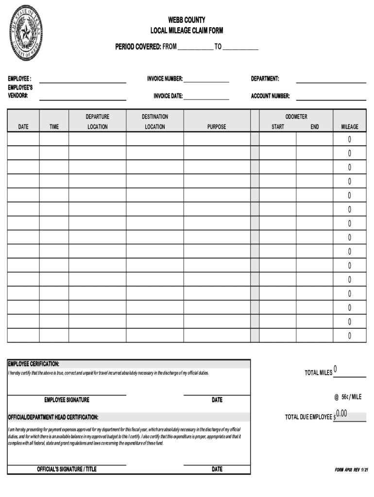 Fillable Online WEBB COUNTY LOCAL MILEAGE CLAIM FORM PERIOD ... Fax ...