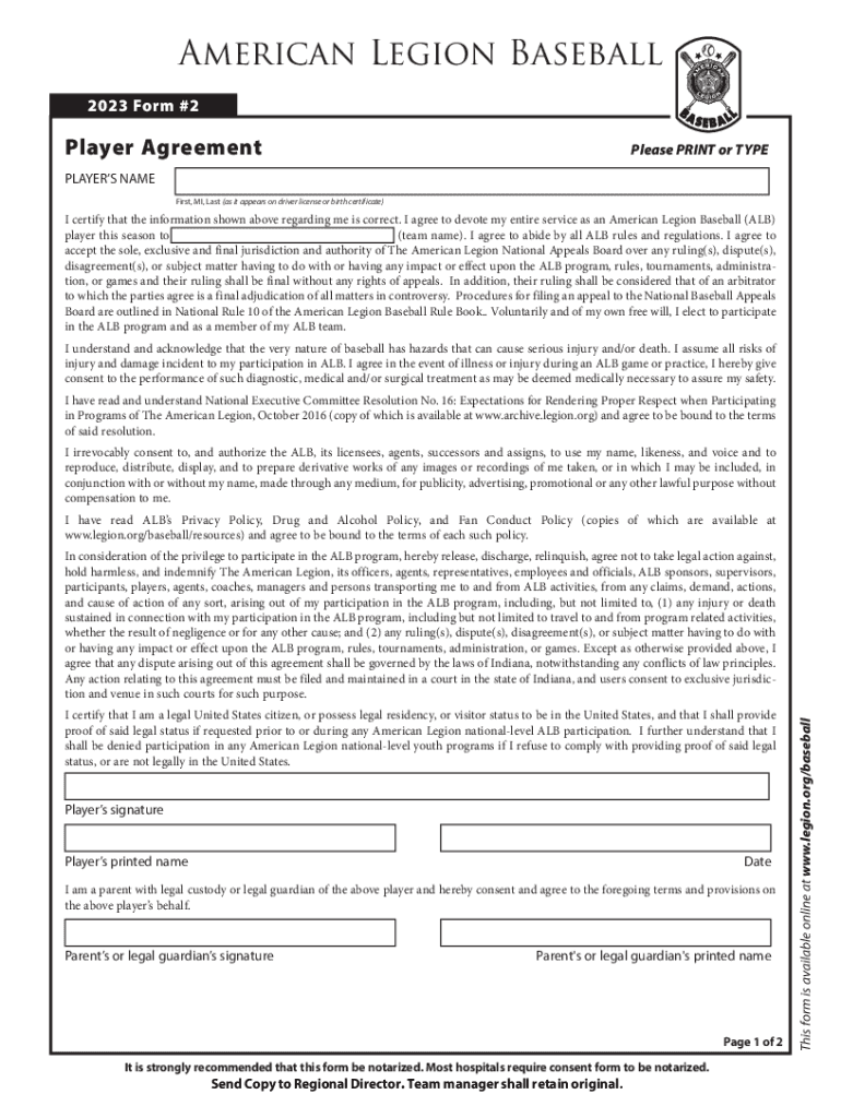 Fillable Online American legion baseball player agreement form Fax ...