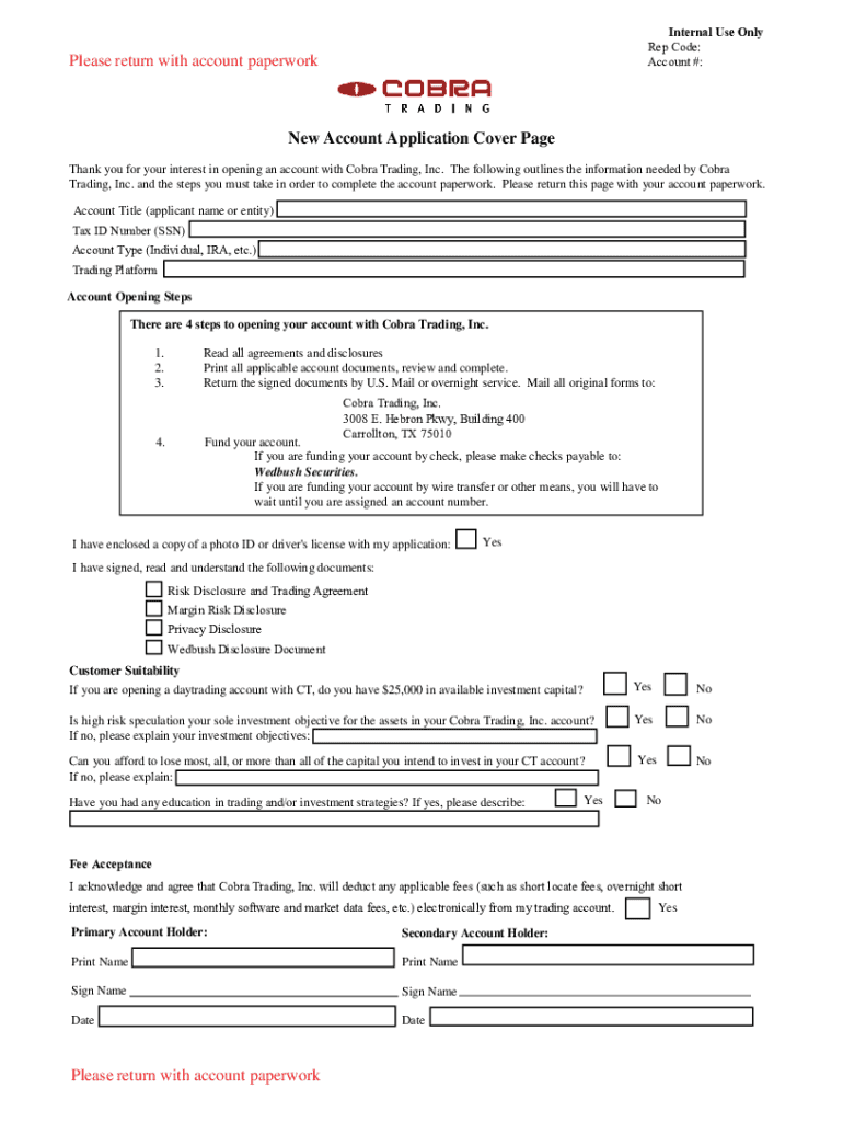 Fillable Online Please return with account paperwork - Cobra Trading ...