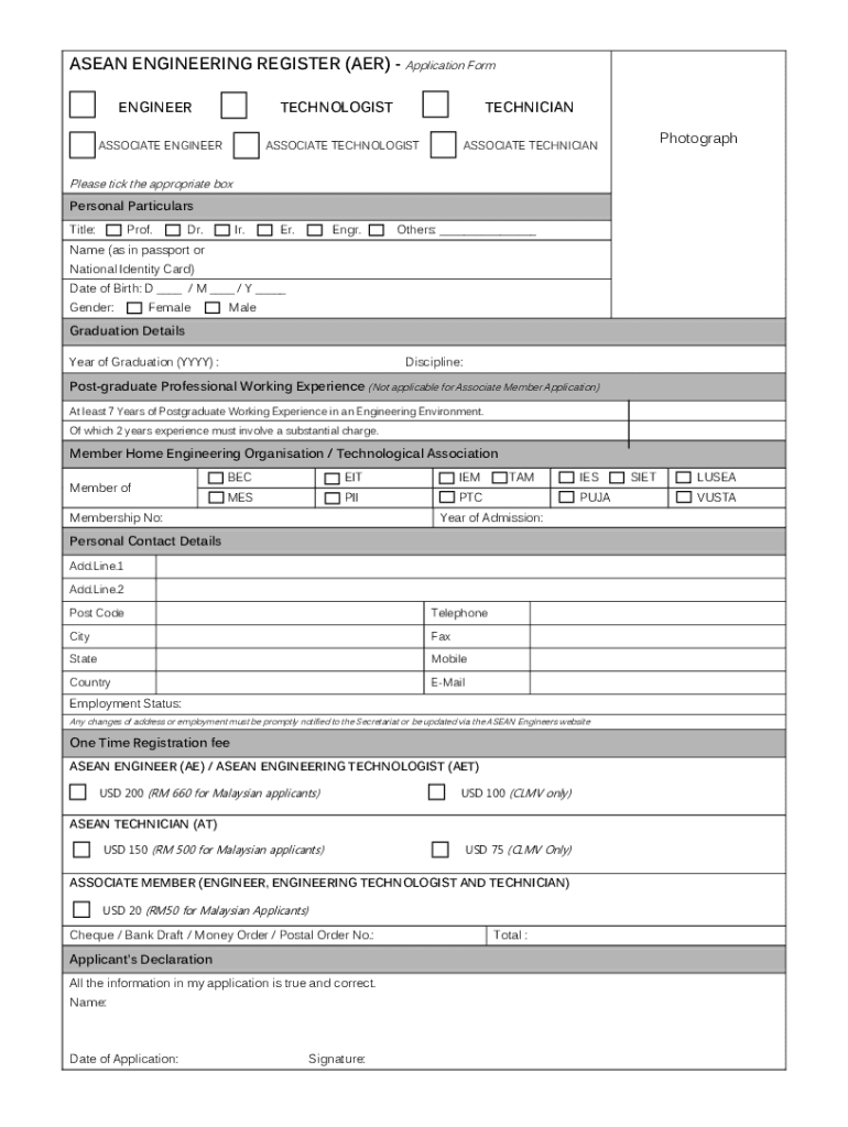 Fillable Online AER - ASEAN Engineering Register - IES Fax Email Print ...