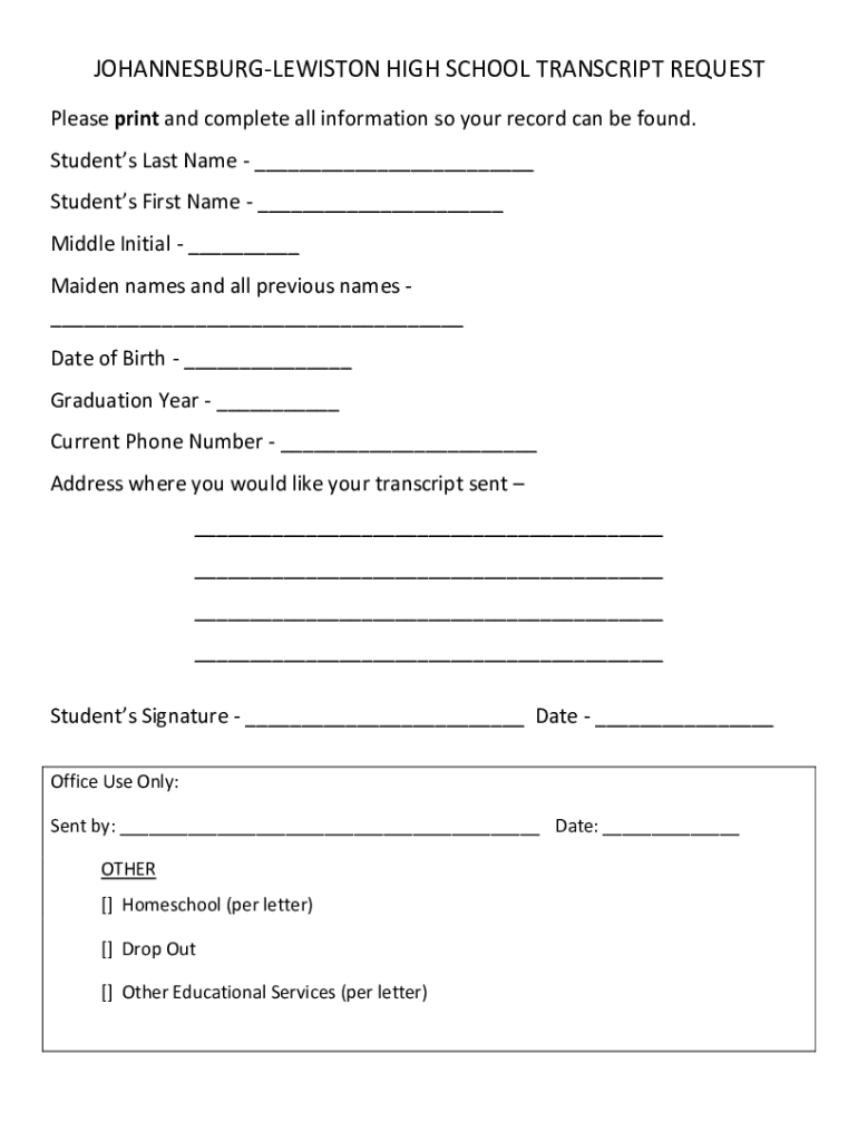 Fillable Online REQUEST FOR HIGH SCHOOL TRANSCRIPT - UNOH Fax Email ...