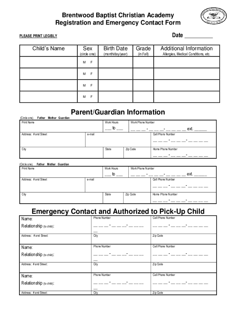 Fillable Online Parent/Guardian Information Emergency Contact and ...