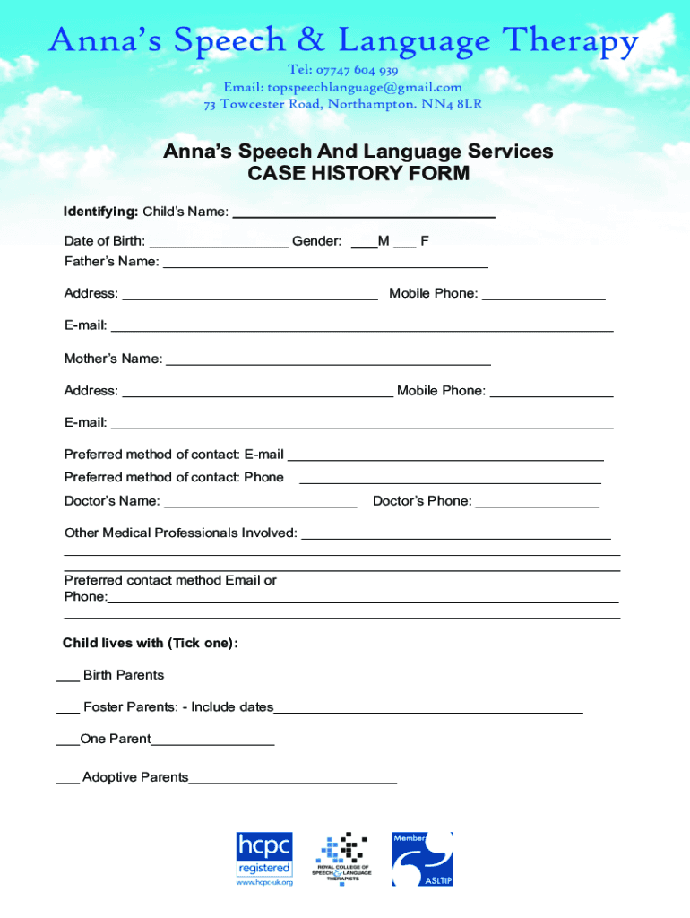 Fillable Online Anna's Speech And Language Services CASE HISTORY FORM ...