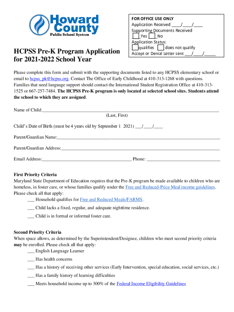 Fillable Online rbes hcpss HCPSS Pre-K Program Application for 2021 ...