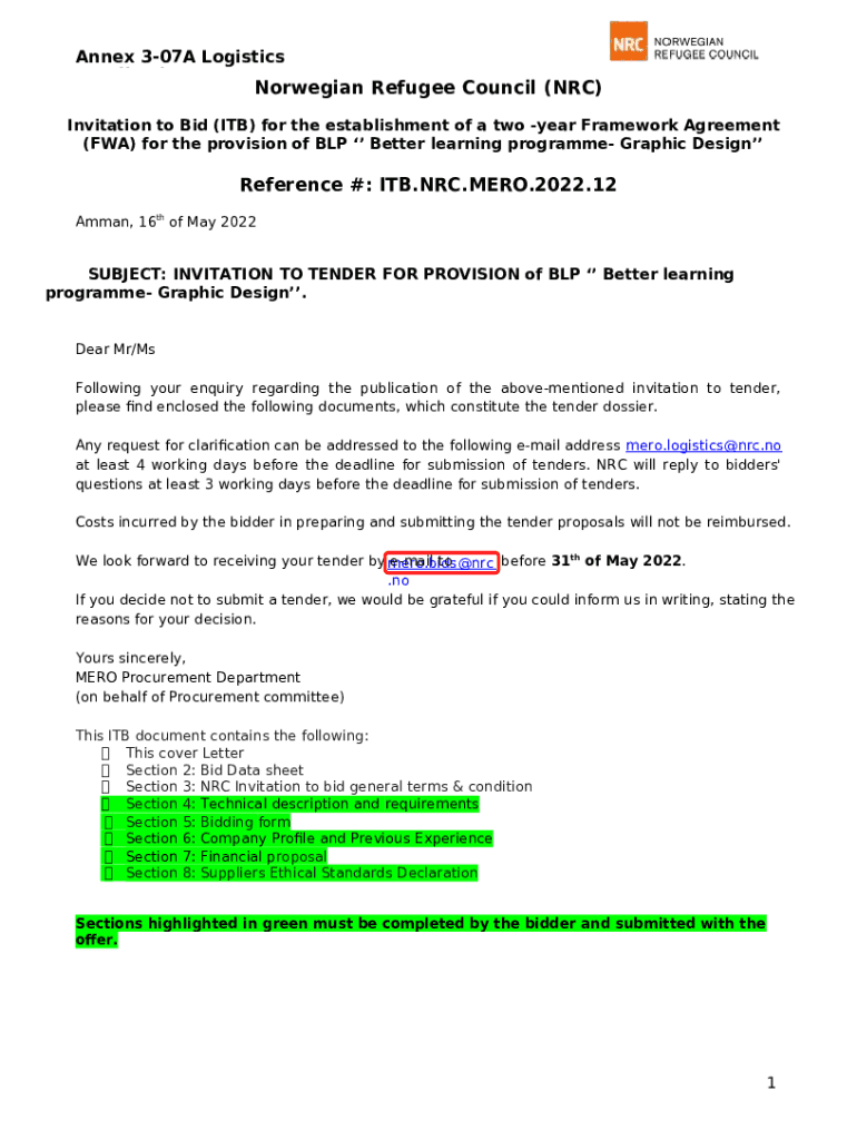 Norwegian Refugee Council (NRC) - Amman - TenderJO Doc Template | pdfFiller