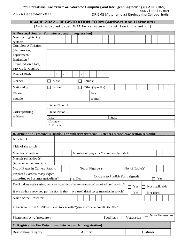 ICACIE 2022 - REGISTRATION (Authors and Listeners) Doc Template | pdfFiller