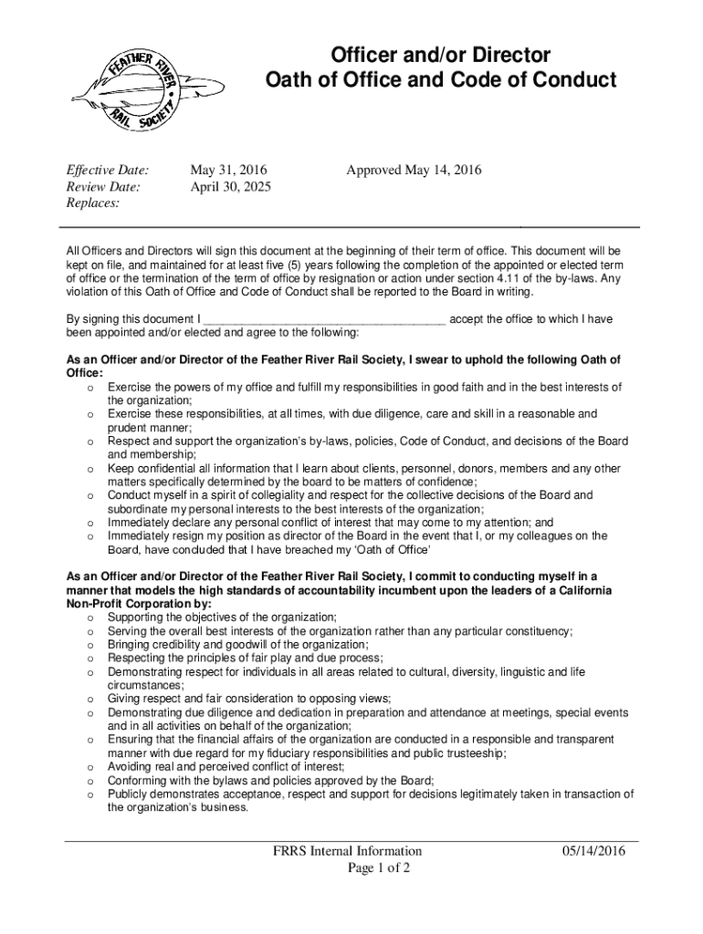 Fillable Online The Most Common Oaths of Office Question - Coates ...