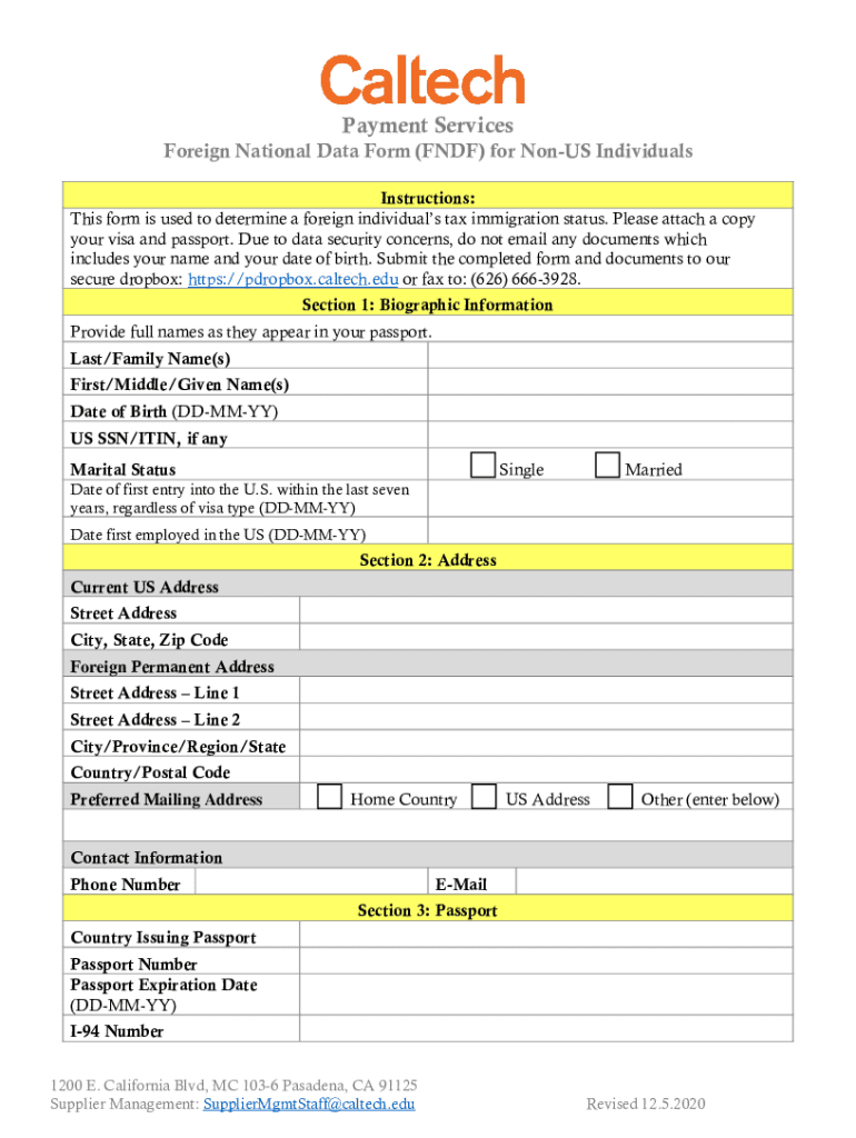 Fillable Online procurement caltech Foreign National Data Form (FNDF) for Non-US Individuals Fax ...