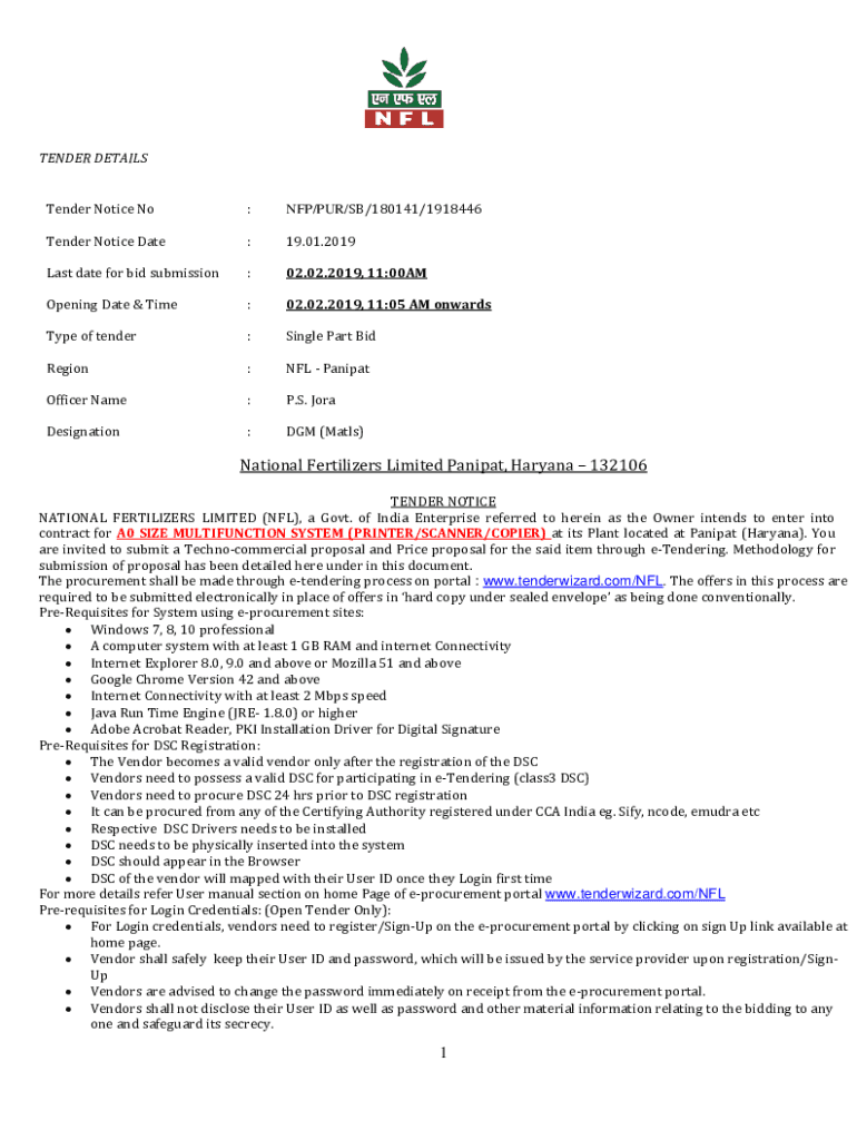 Fillable Online 1 National Fertilizers Limited Panipat, Haryana132106 ...