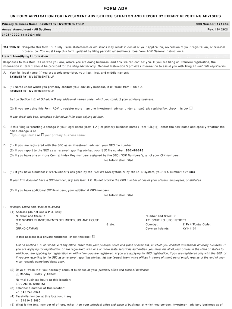 Fillable Online Symmetry Investments LPPO Box 309, Ugland House ... Fax ...