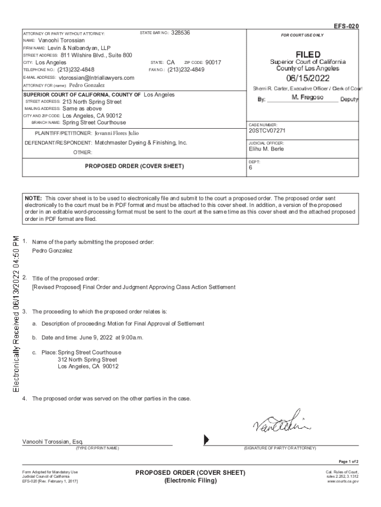 Fillable Online PROPOSED ORDER (COVER SHEET) (Electronic Filing) EFS ...
