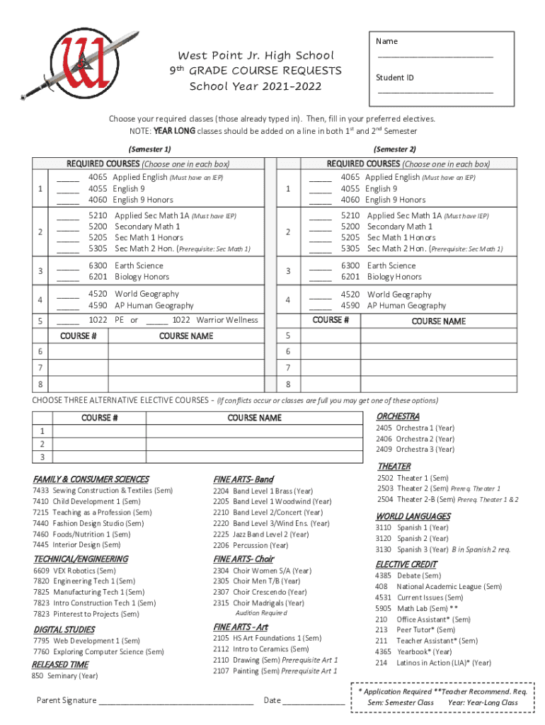 Fillable Online West Point Jr. High School 9th GRADE COURSE REQUESTS ...
