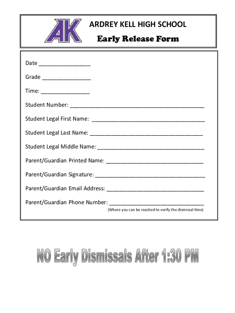 Fillable Online ARDREY KELL HIGH SCHOOL Early Release Form Fax Email ...