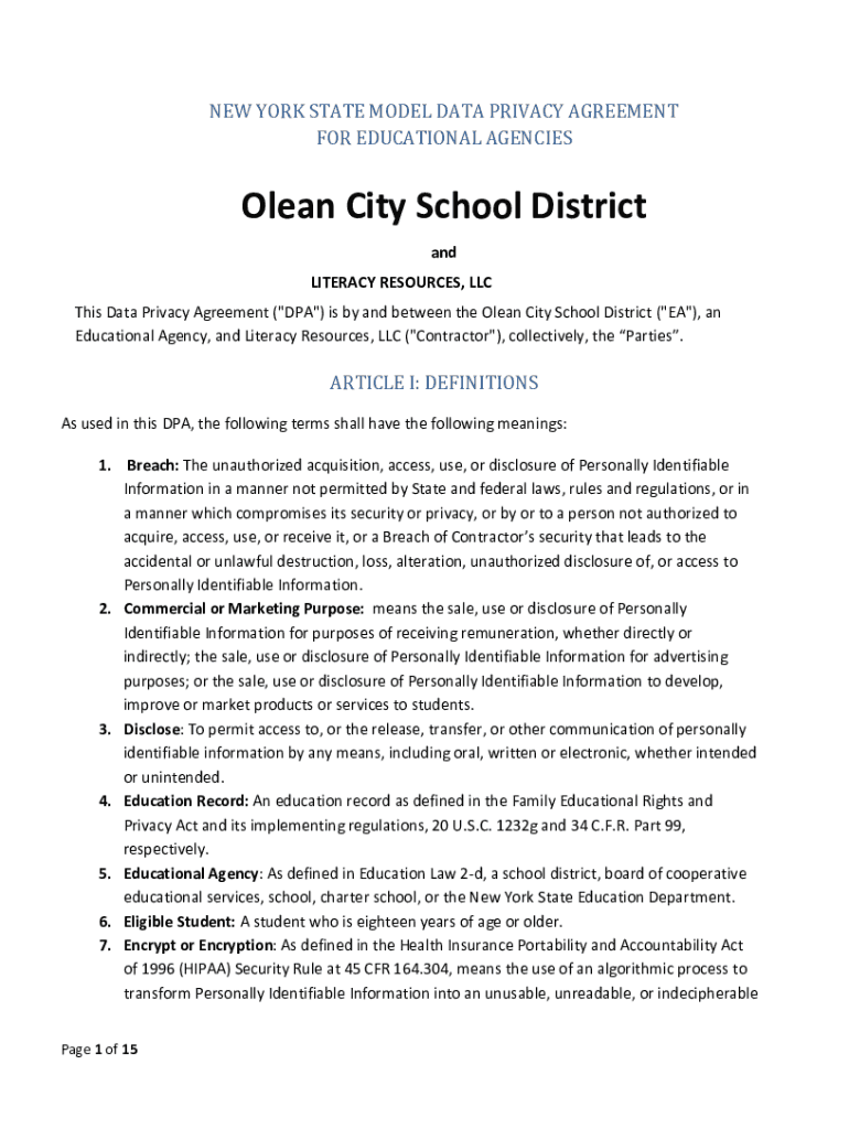 Fillable Online NEW YORK STATE MODEL DATA PRIVACY AGREEMENT Fax Email ...