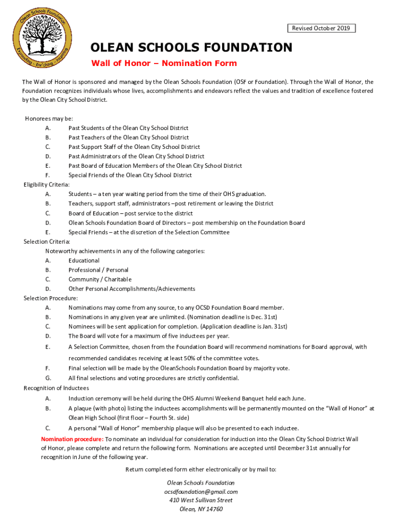 Fillable Online 9 inductees announced for Olean school district's Wall of ... Fax Email Print ...