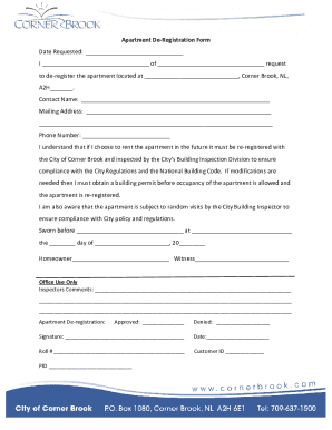 Fillable Online Apartment De-Registration Form - City of Corner Brook ...