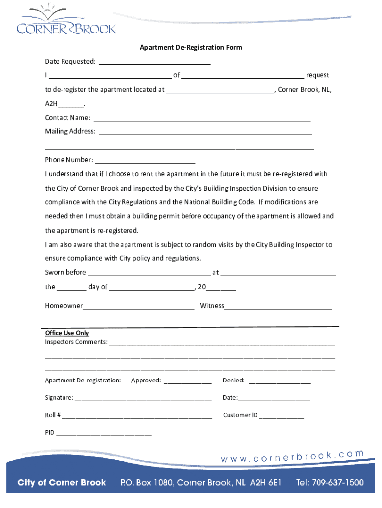 Fillable Online Apartment De-Registration Form - City of Corner Brook Fax Email Print - pdfFiller
