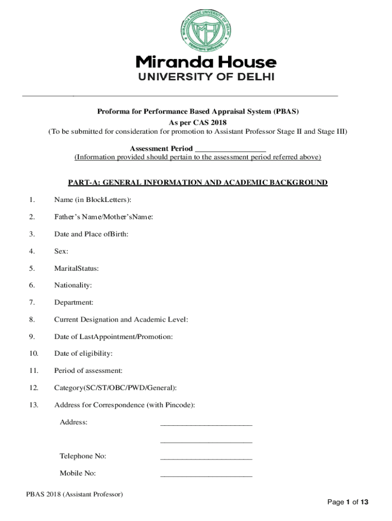 Fillable Online Application Performa for CAS Annexure 3 : API on PBAS for CAS Fax Email Print ...