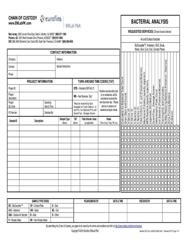 Fillable Online chain of custody - EMLab P&K Fax Email Print - pdfFiller