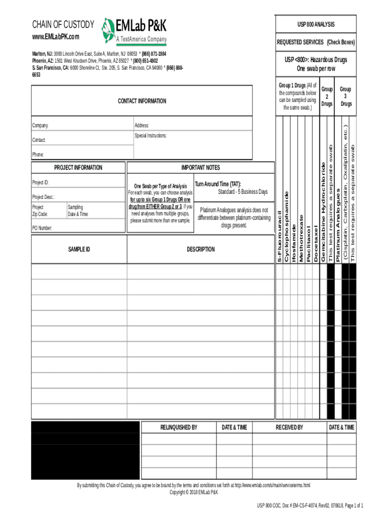 Fillable Online CHAIN OF CUSTODY - EMLab P&K Fax Email Print - pdfFiller